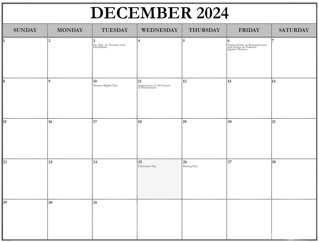 December 2024 Blank Printable Calendar - Cable Squats