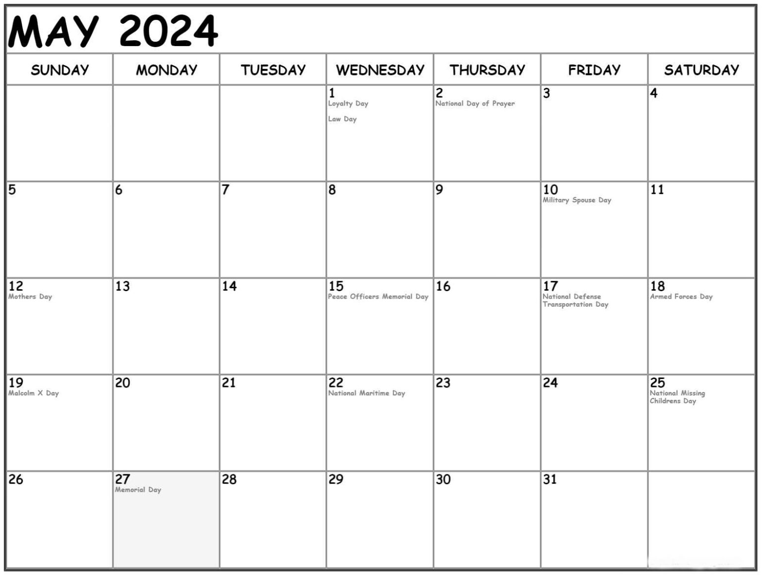 May 2024 Blank Printable Calendar